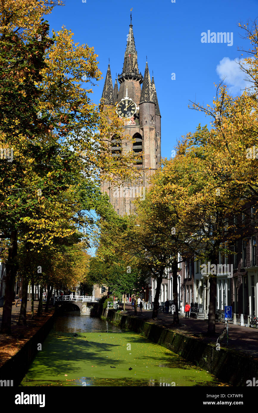 Old Church tower over canal. Delft, Netherlands Stock Photo - Alamy