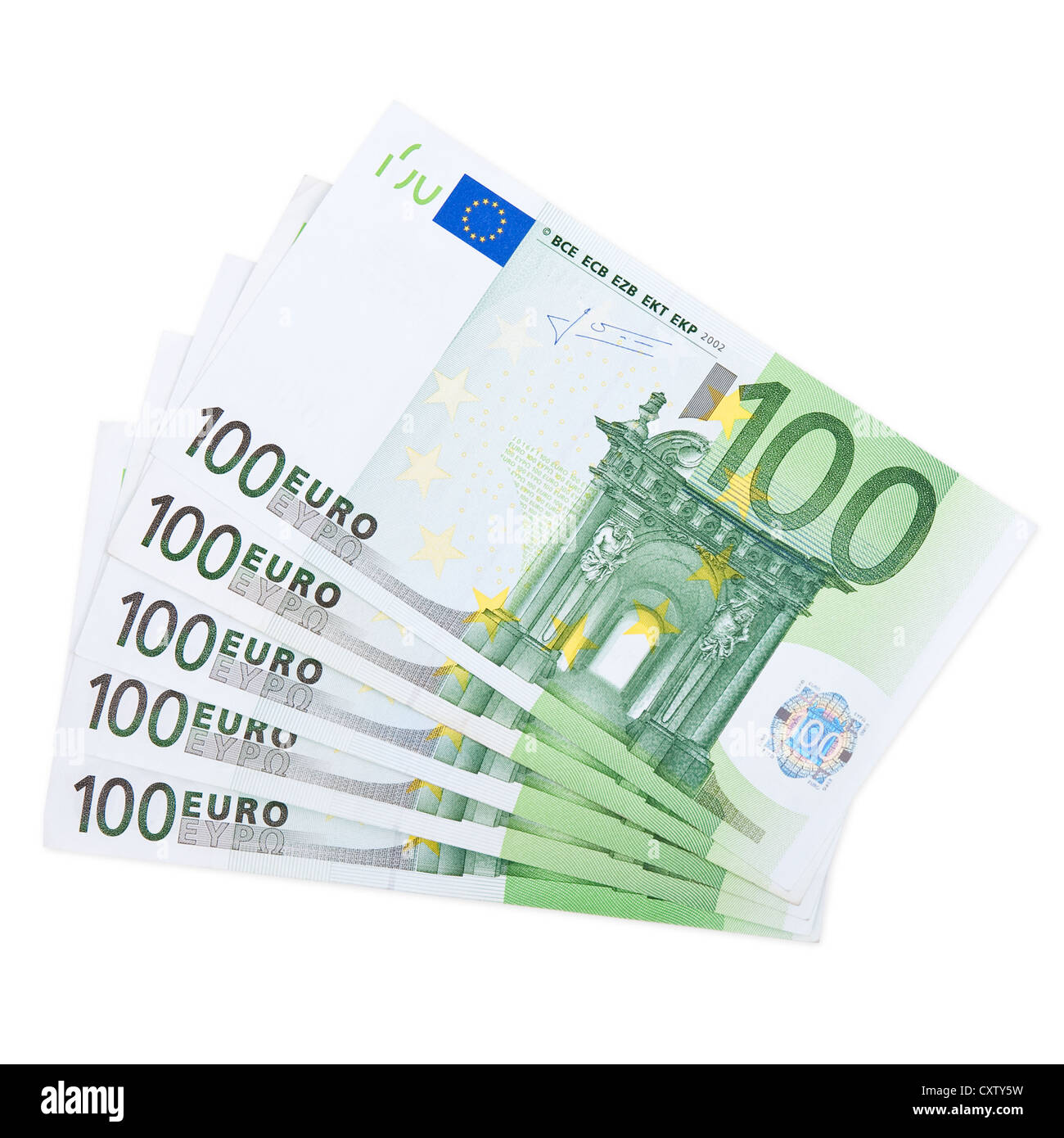 Close-up of 100 Euro banknotes isolated on white background Stock Photo ...