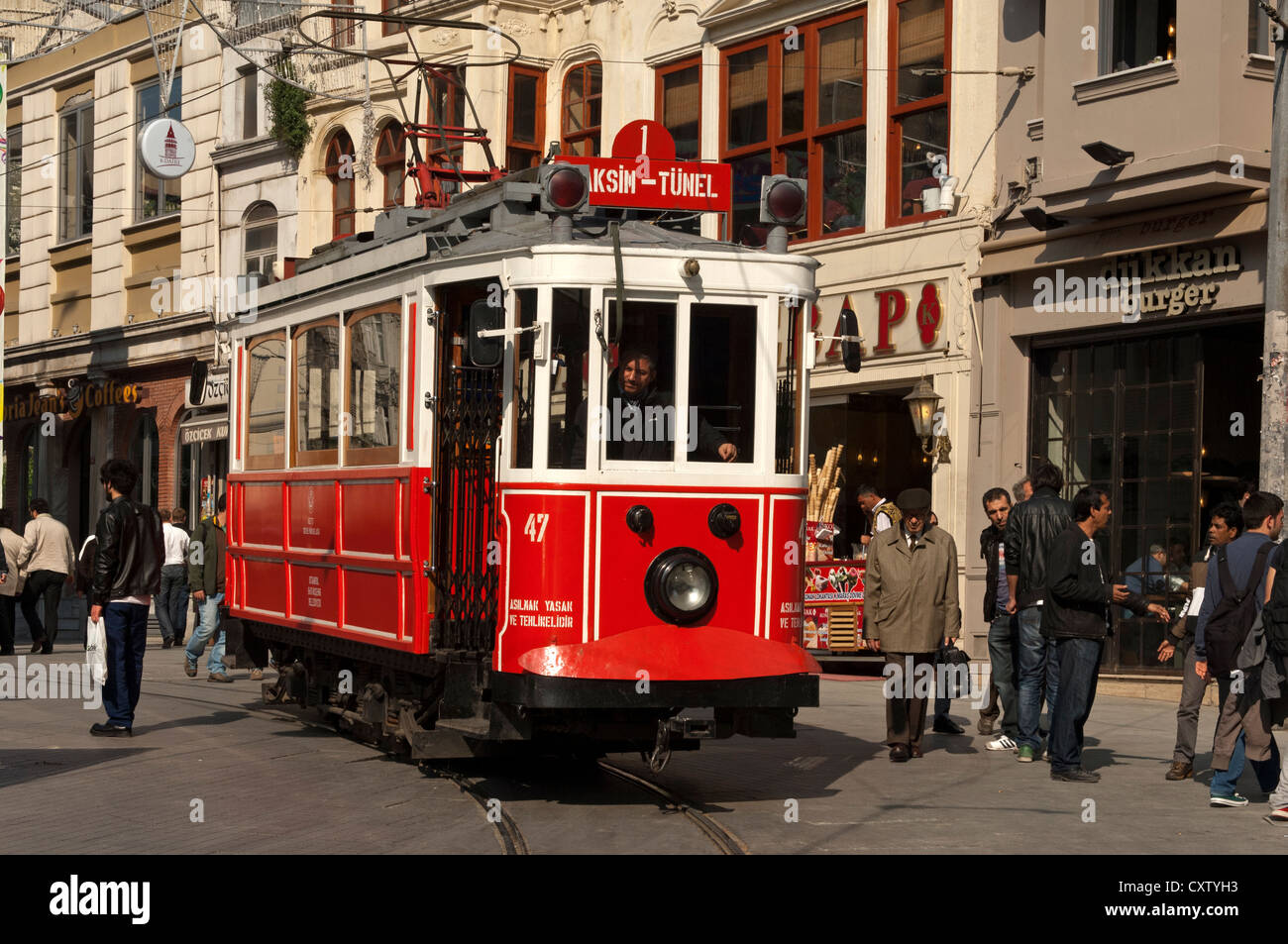Historic tram Taksim Tünel in the pedestrian area of the Istiklal ...