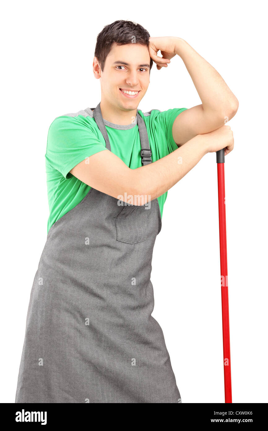 Smiling male cleaner posing isolated on white background Stock Photo ...