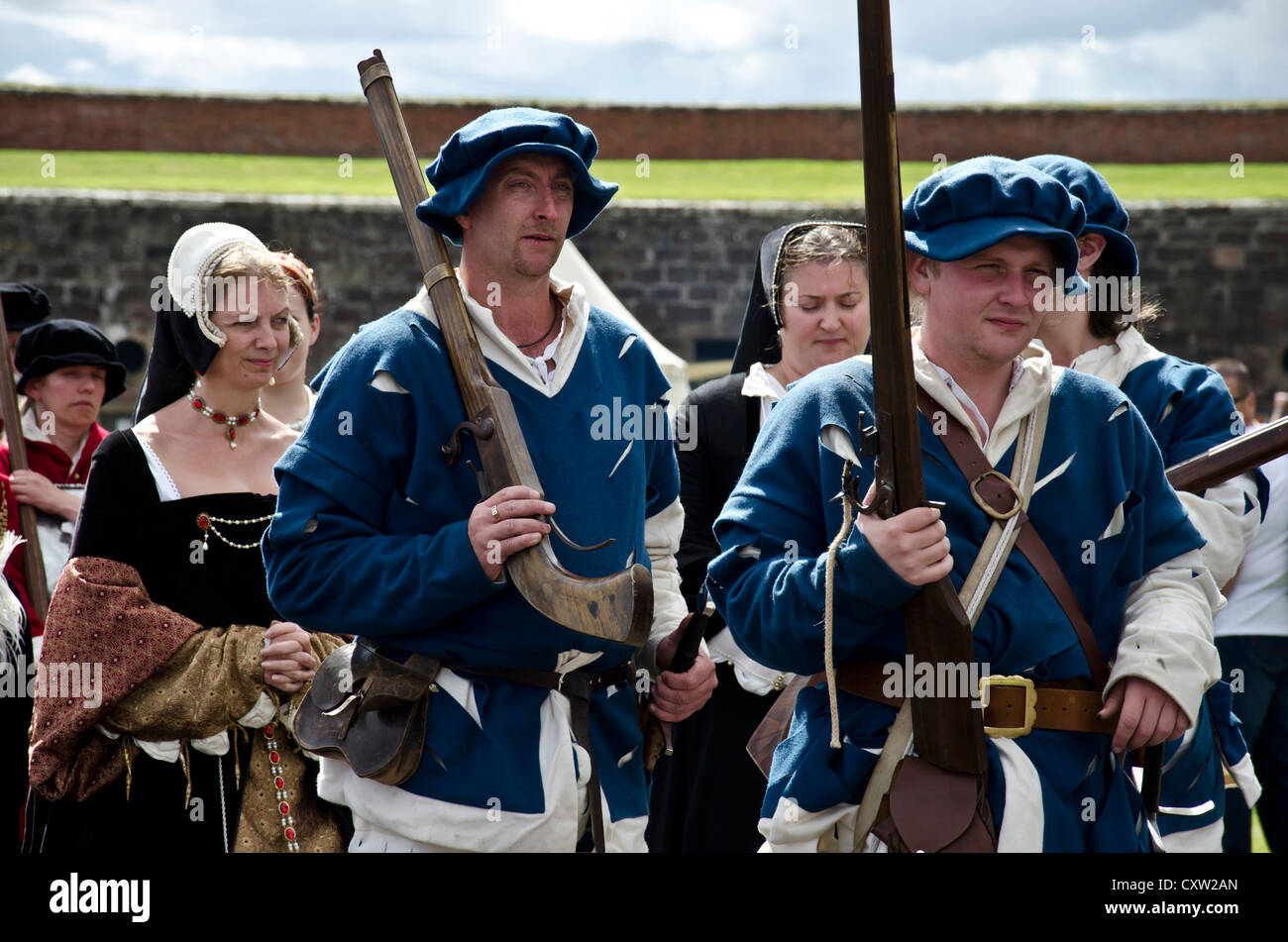 Men in medieval Scottish military dress at an historic event at Fort ...