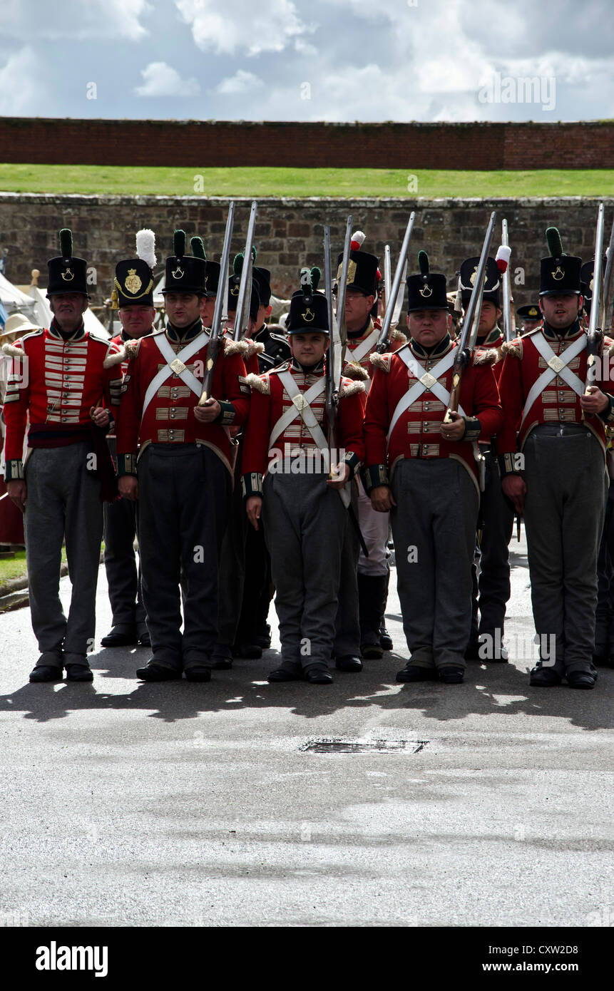 Men dressed as Redcoat soldiers at at an historic event at Fort George ...