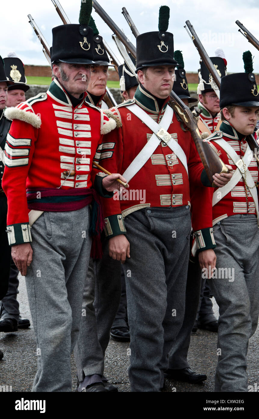 Men dressed as Redcoat soldiers at an historic event at Fort George ...