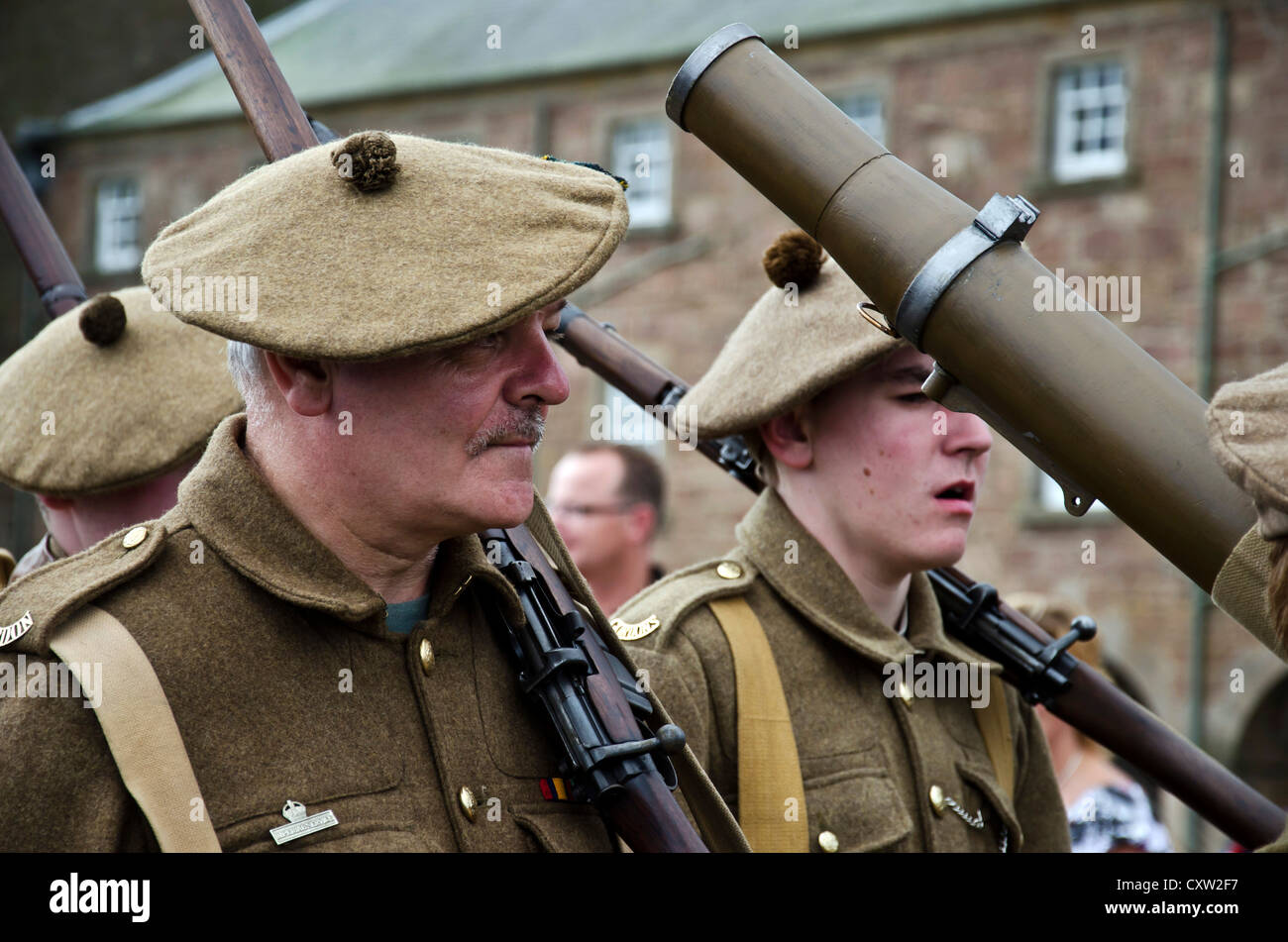 Men in WW1 Scottish Regiment dress at an historic event at Fort George ...