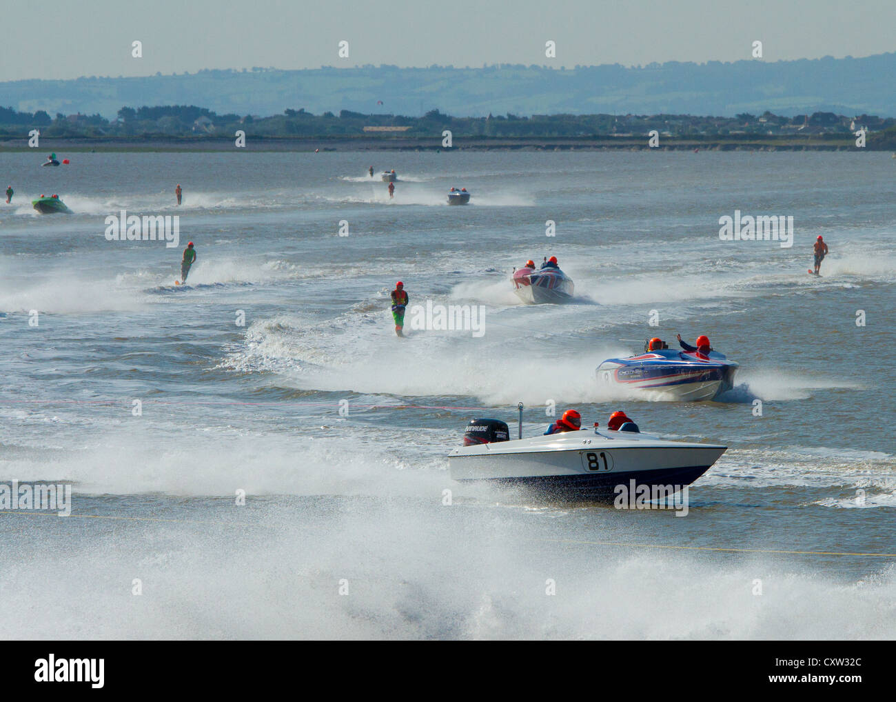 British Waterski Racing race Weston Super Mare with racing boat and ...