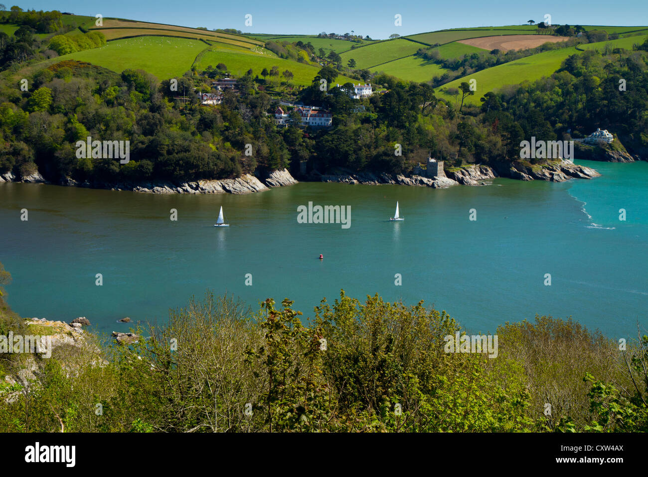 River Dart estuary with yachts sailing near Dartmouth Devon Uk english ...