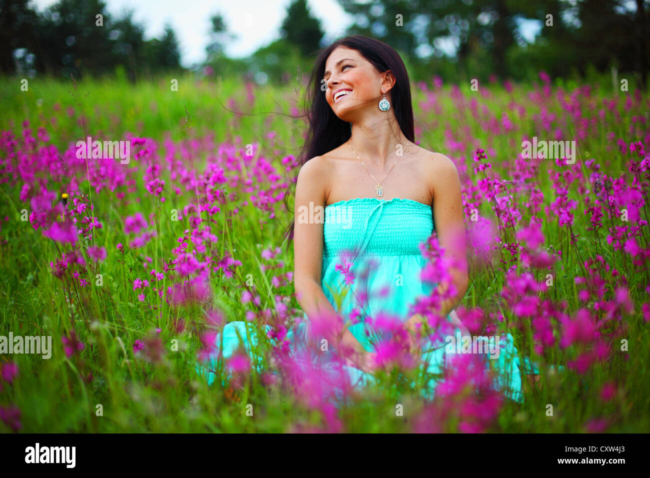 woman on summer flower field Stock Photo - Alamy