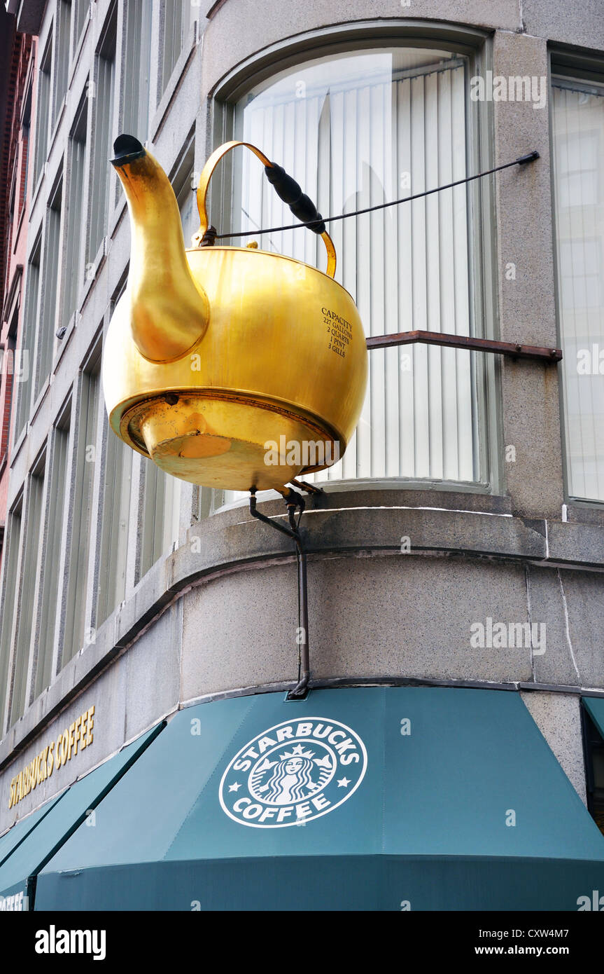 Starbucks cafe and Giant Steaming Tea Kettle, Boston, USA Stock Photo ...