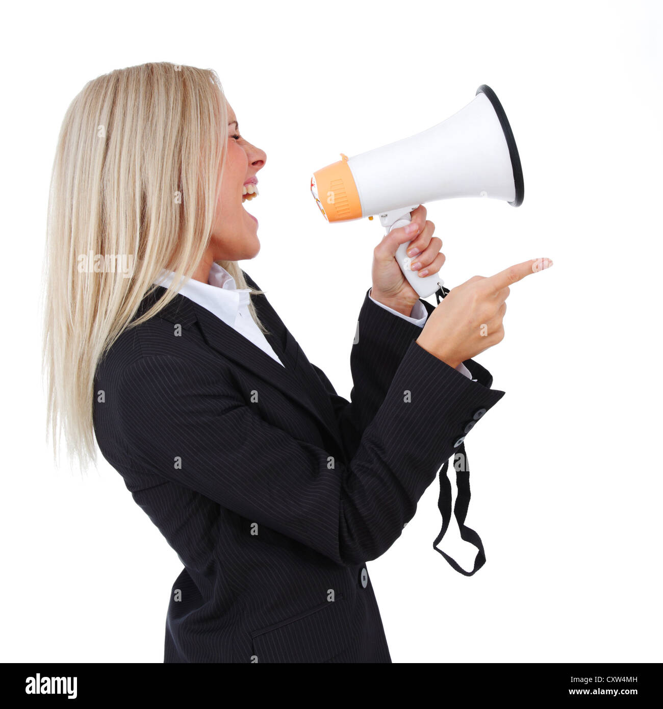 business woman with megaphone isolated white background Stock Photo - Alamy
