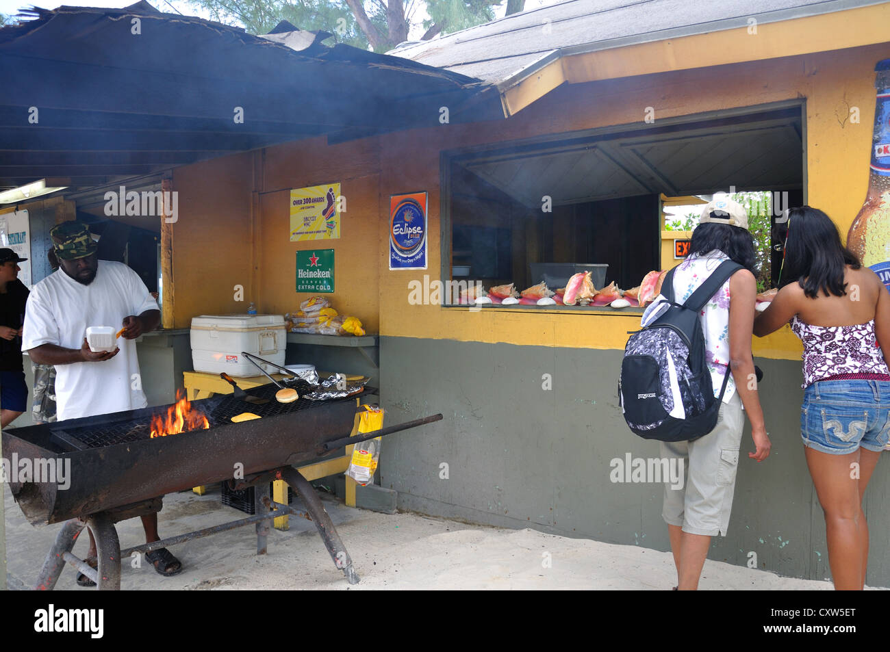 Conch mollusk food being cooked at a local restaurant, Freeport ...