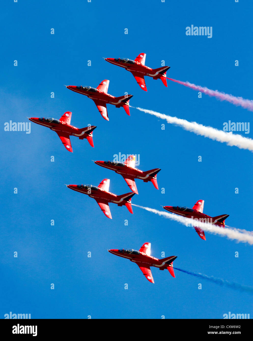 The Red Arrows aerobatic team with blue sky and smoke at Weston-super ...