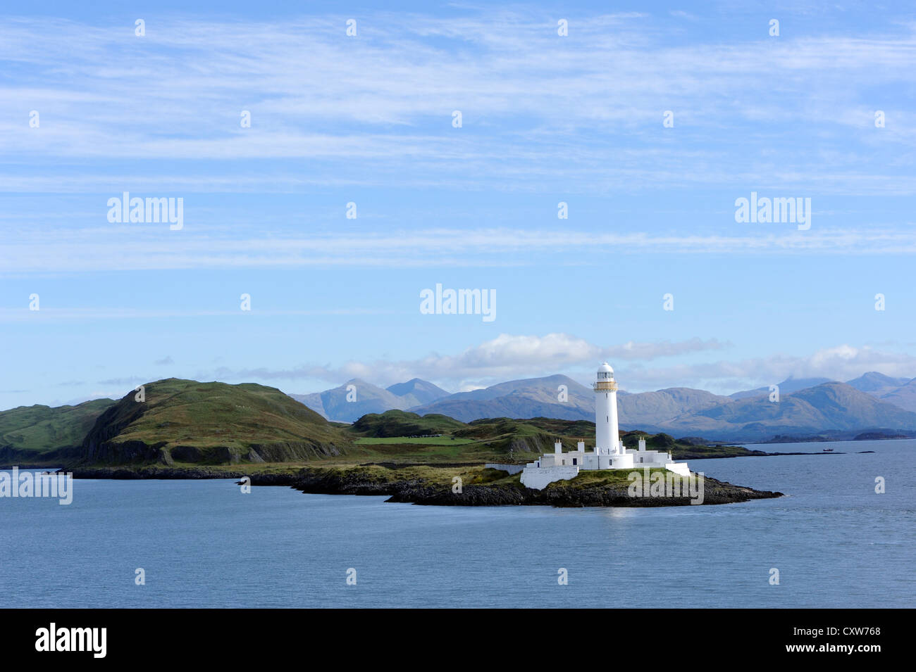 Eilean Musdile Lighthouse with the island of Lismore and Loch Linnhe to ...