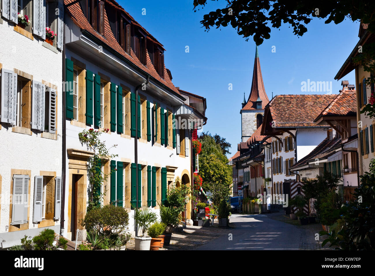 A quaint street in the town of Murten, Switzerland Stock Photo - Alamy