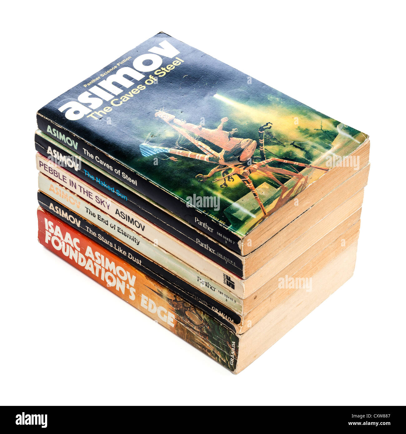 A stack of Science Fiction paperbacks by Isaac Asimov, on a white ...