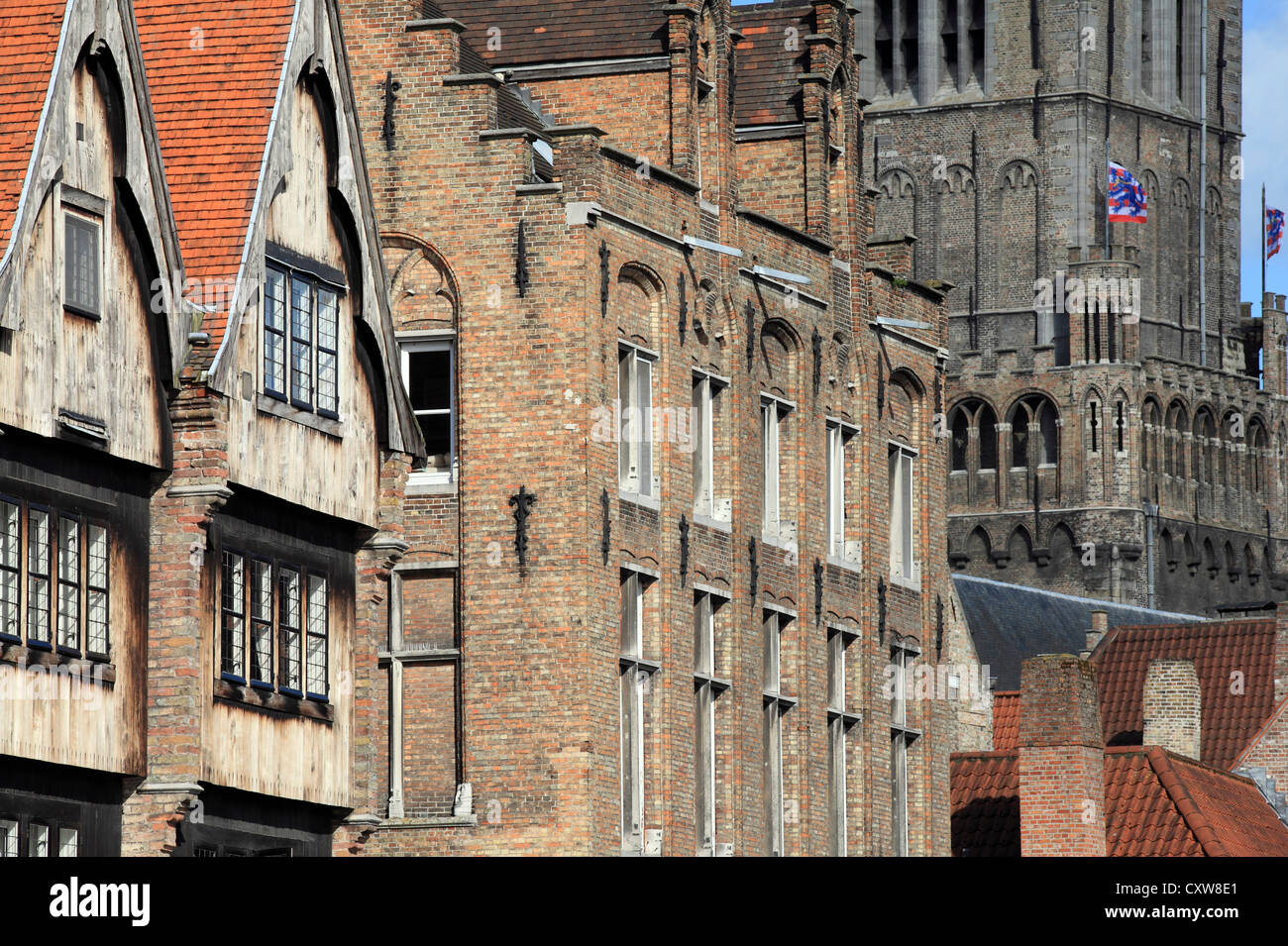 Facades of historical houses in the old town of Bruges, West Flanders ...