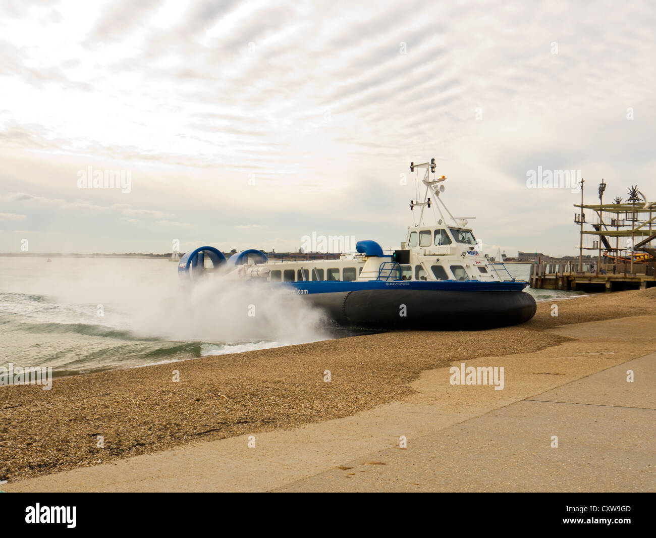 A Hoverspeed passenger Hovercraft mounts the beach in Southsea ...