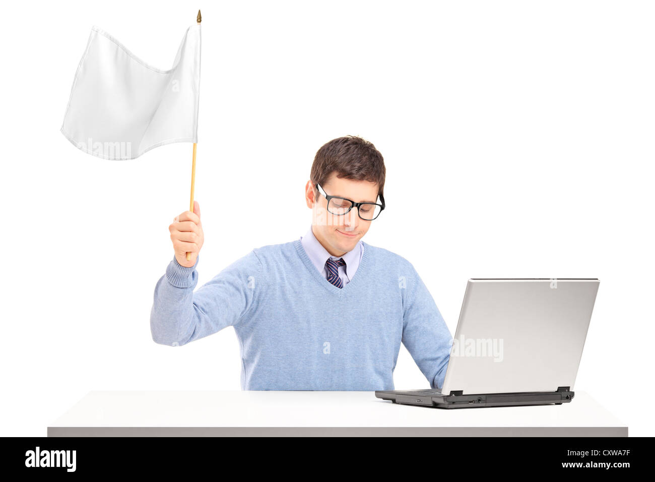 Sad man waving a white flag gesturing defeat isolated on white ...