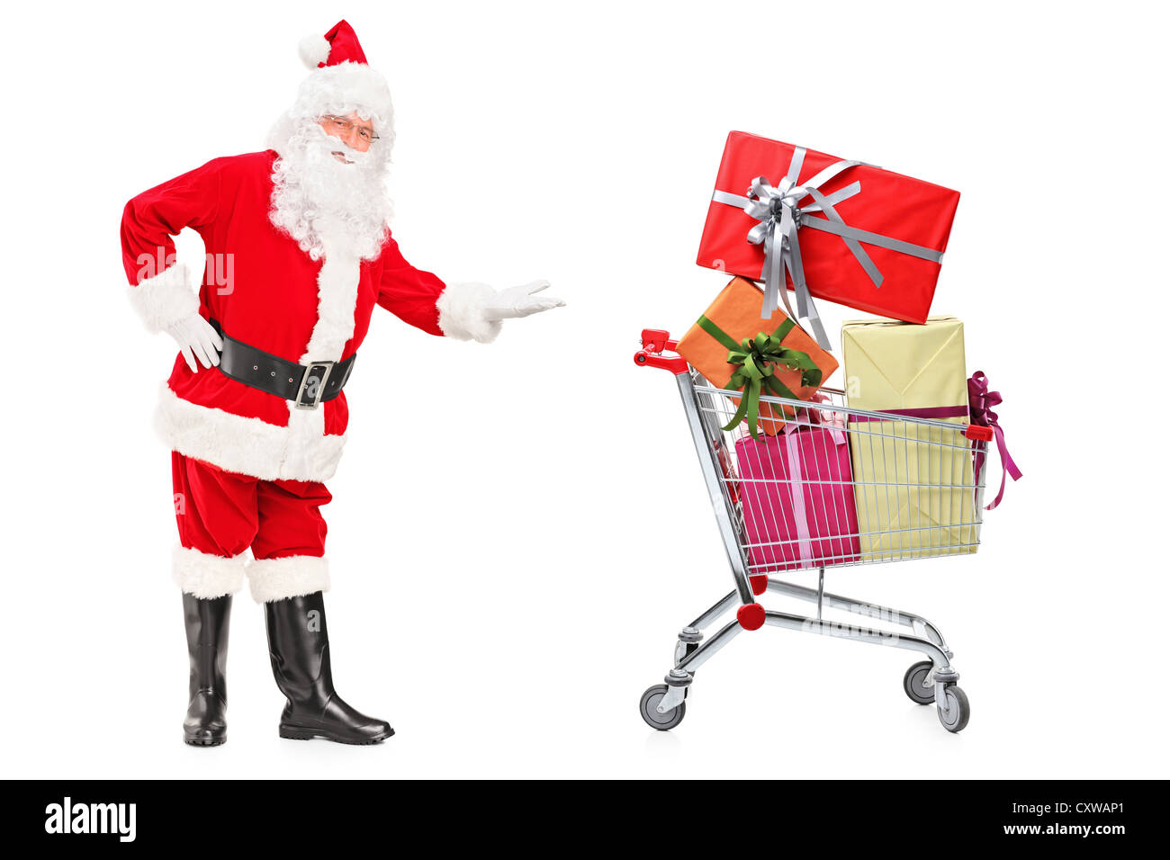 Full length portrait of a Santa Claus showing a shopping cart full of ...