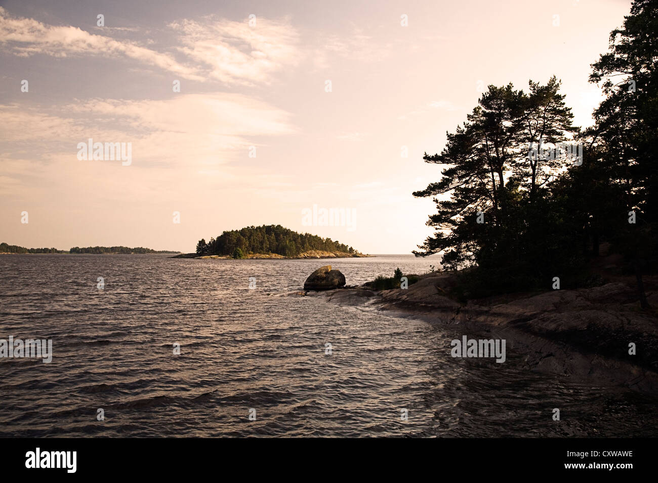 Sunset along Swedish Lake Vanern, Saffle, Dalsland, Sweden Stock Photo ...
