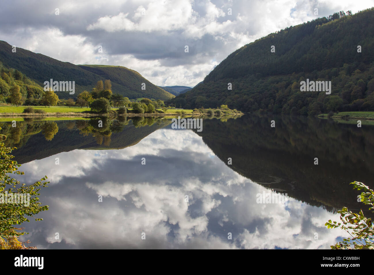 Cloudy sky and valley trees reflected in the still River Rheidol, Cwm ...