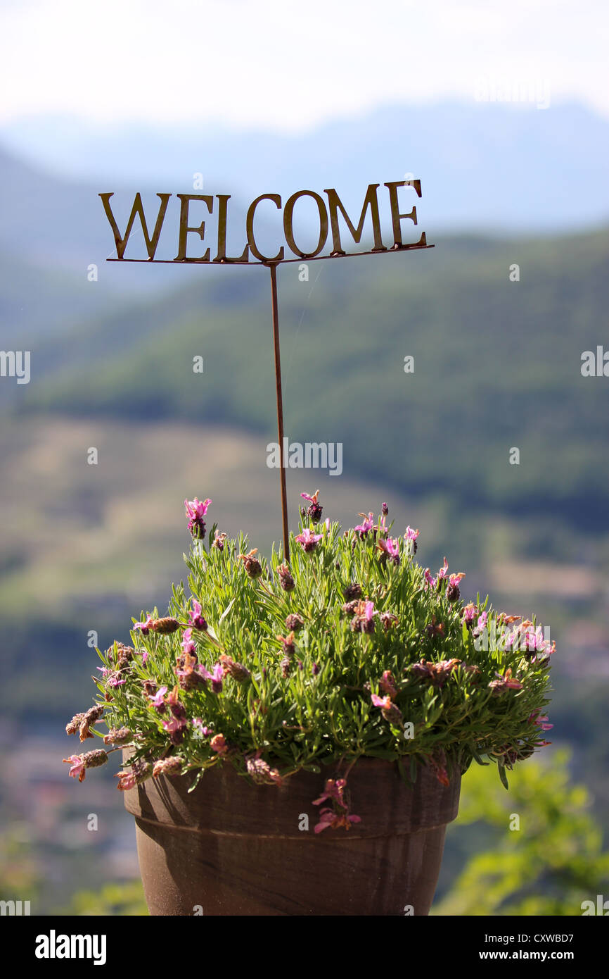 fun flower pot with welcome sign, photoarkive Stock Photo - Alamy