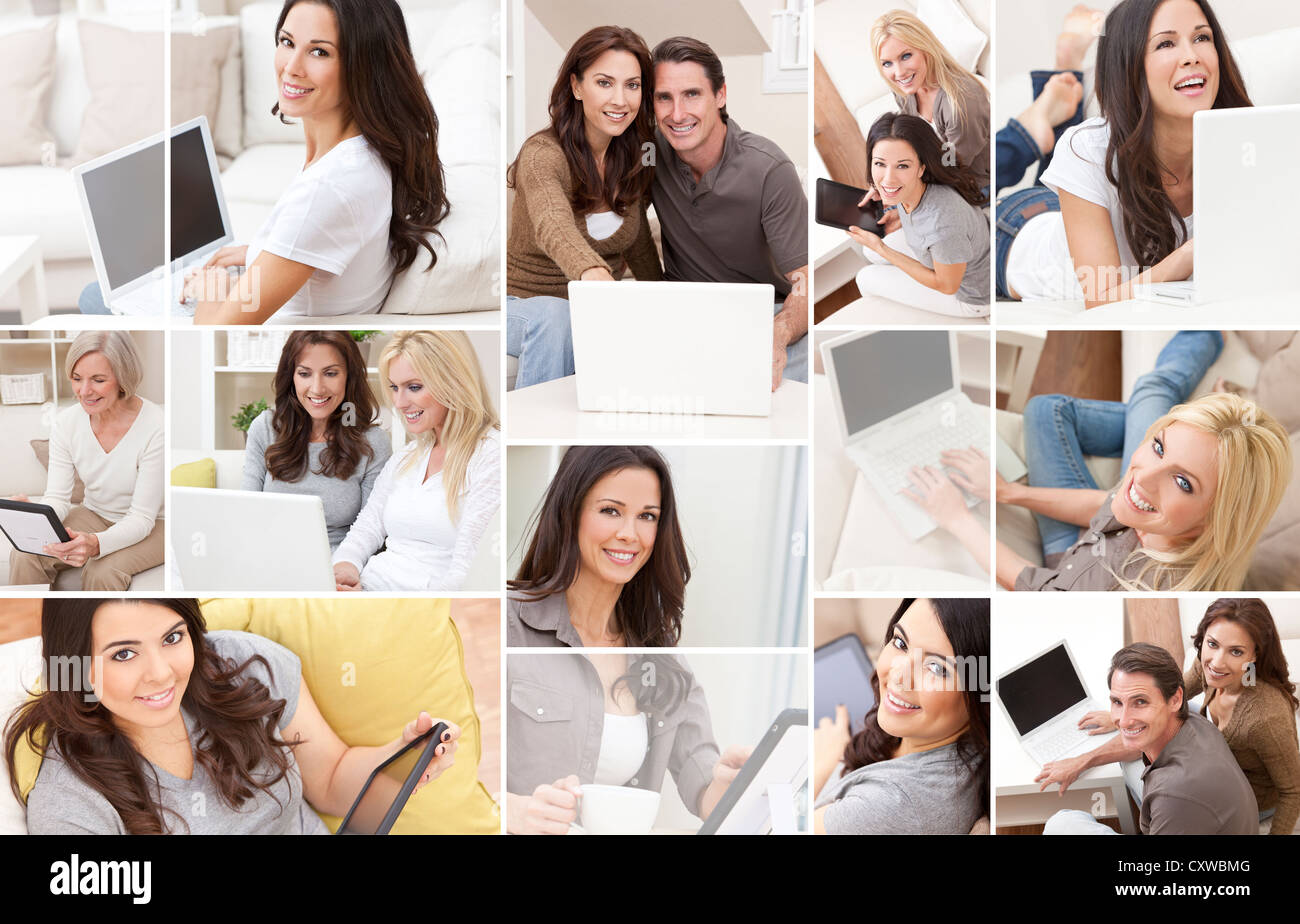 Montage of attractive men and women relaxed at home using computers ...