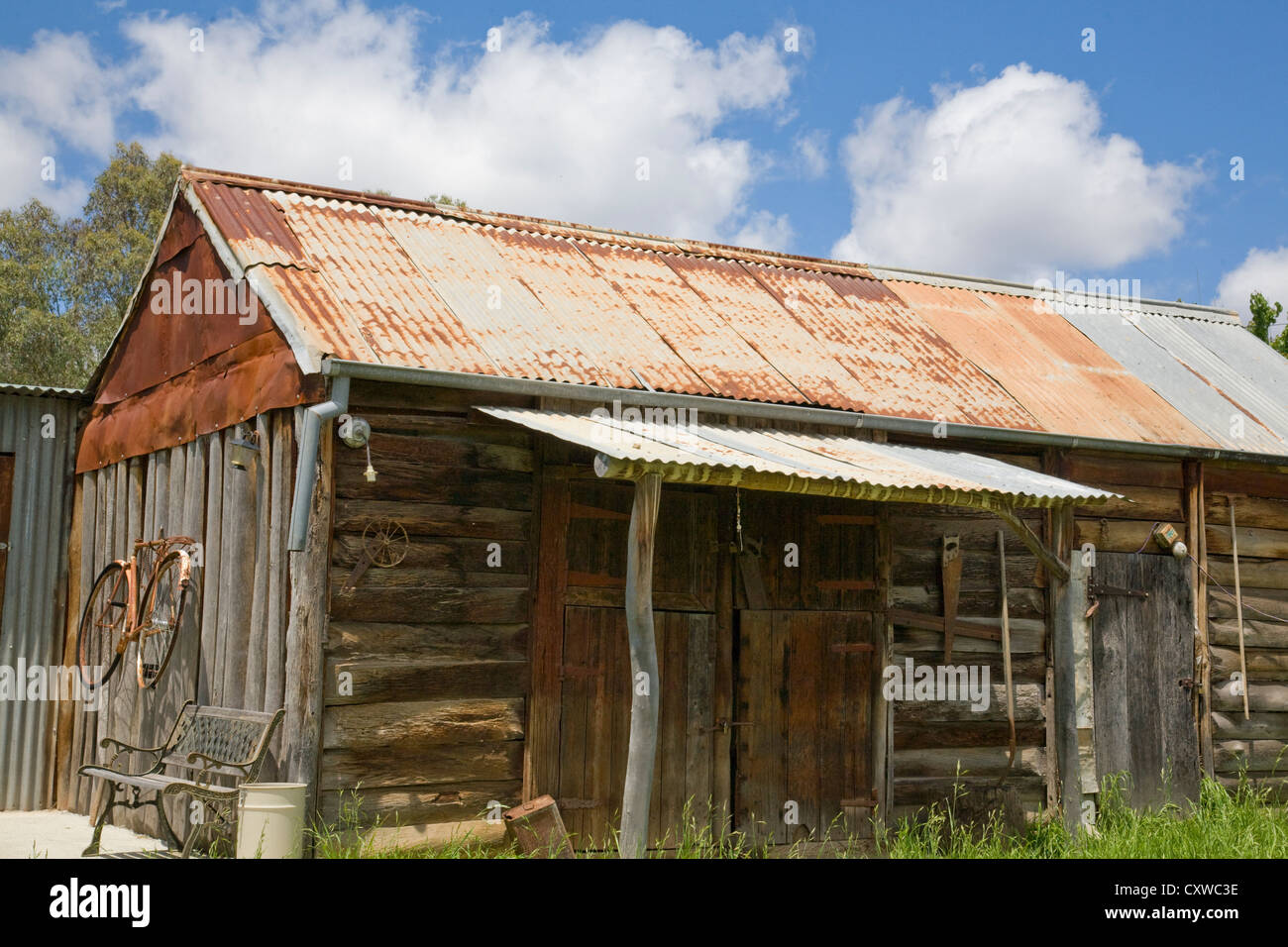 Old timber and metal shed in the historic gold mining town of Sofala ...