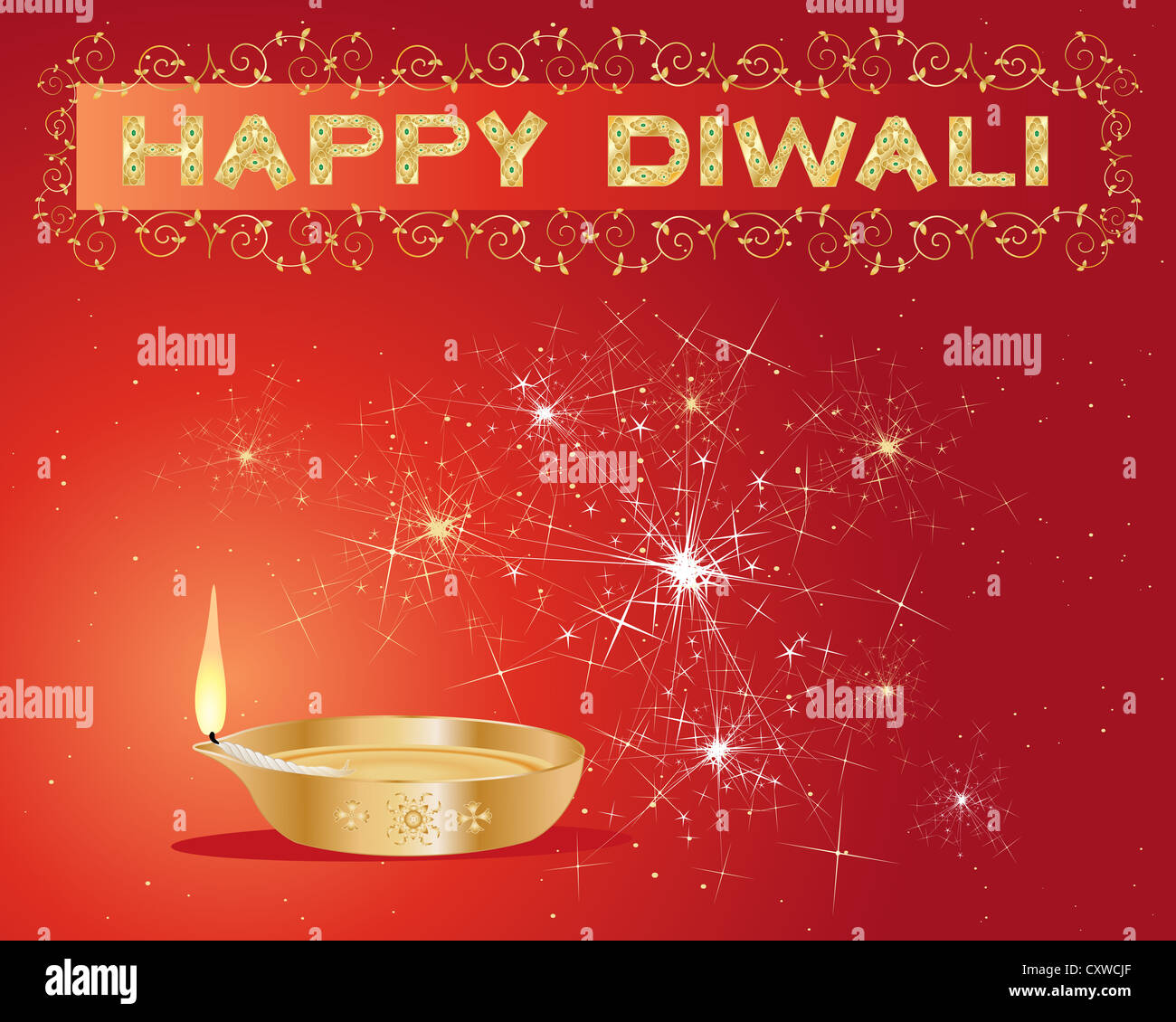 an illustration of a Diwali lamp lit up with sparklers and stars and a ...
