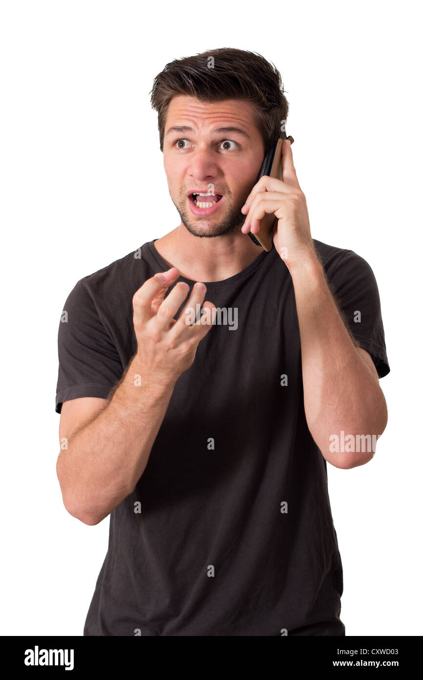 Young Man Talking On The Phone And Very Angry Stock Photo - Alamy