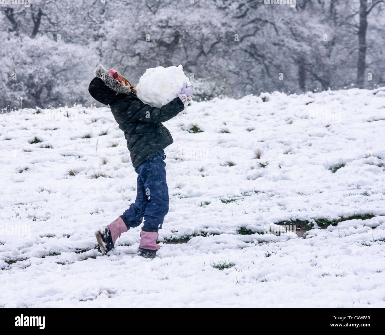 Enjoying the snow - Child carrying a large snowball in snowy Richmond ...