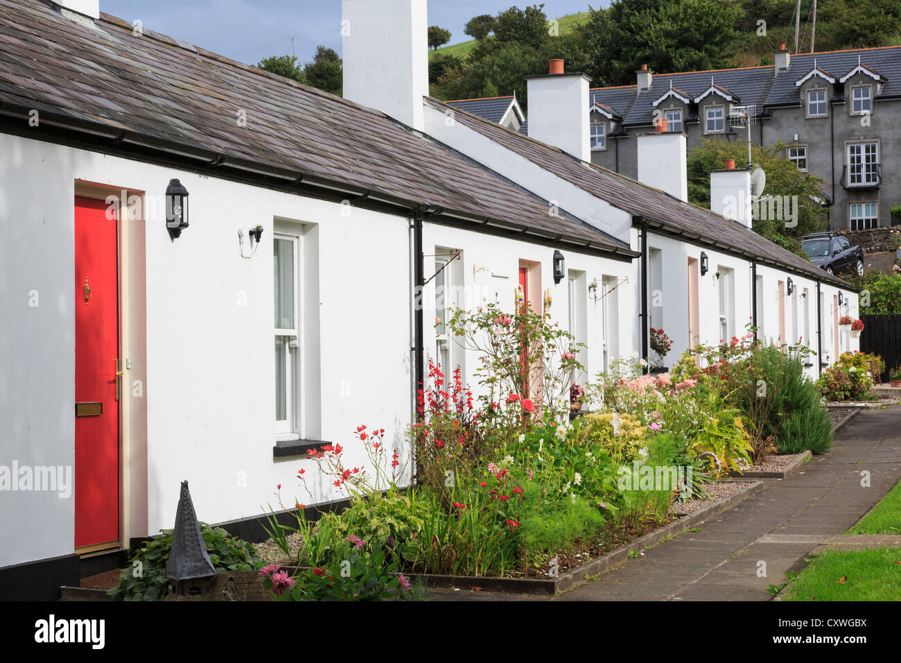 Row of traditional Irish white terraced cottages on narrow walkway in ...