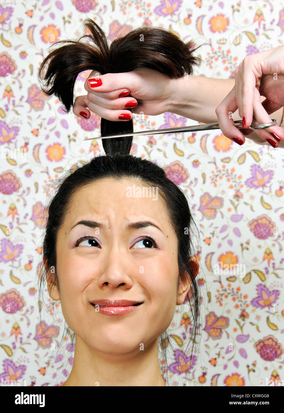 A fearful woman having her ponytail cut off Stock Photo - Alamy A fearful woman having her ponytail cut off Stock Photo - Alamy