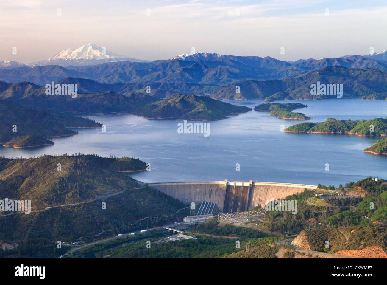 Aerial view of Shasta Lake, Shasta Dam, and Mt. Shasta, northern ...