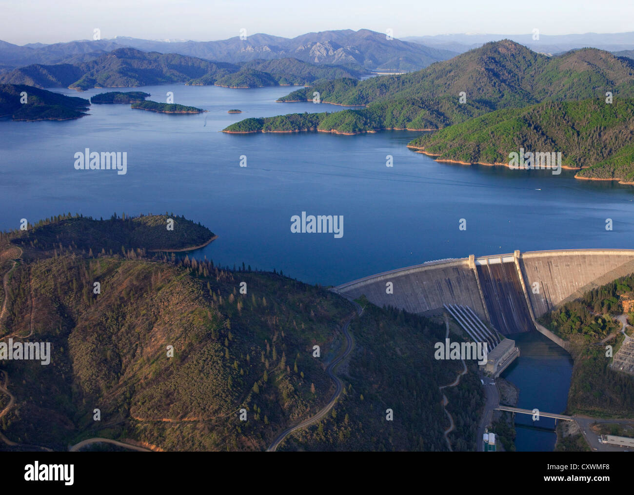 Aerial view of Shasta Lake, Shasta Dam, and Mt. Shasta, northern ...
