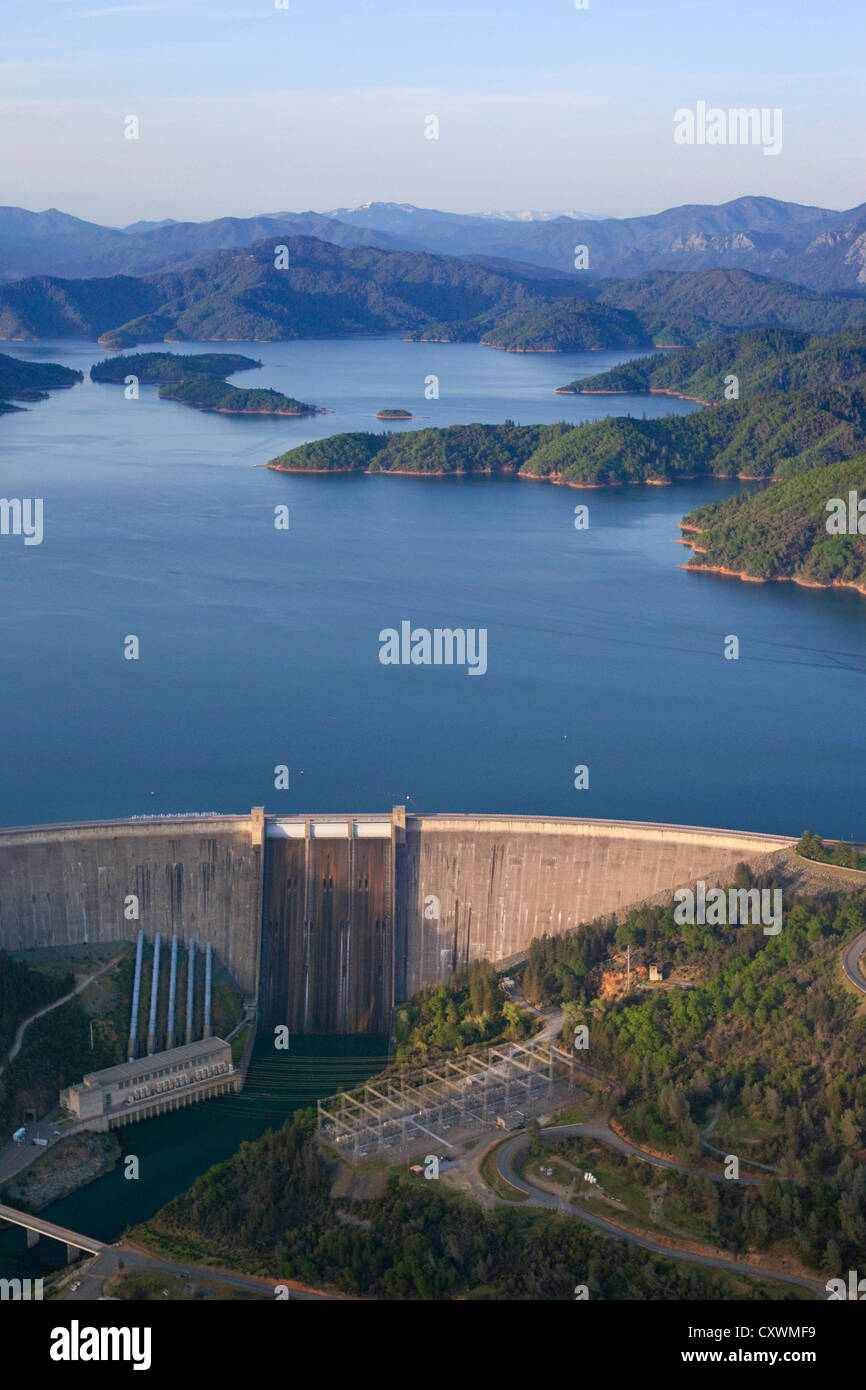 Aerial view of Shasta Lake, Shasta Dam, and Mt. Shasta, northern ...