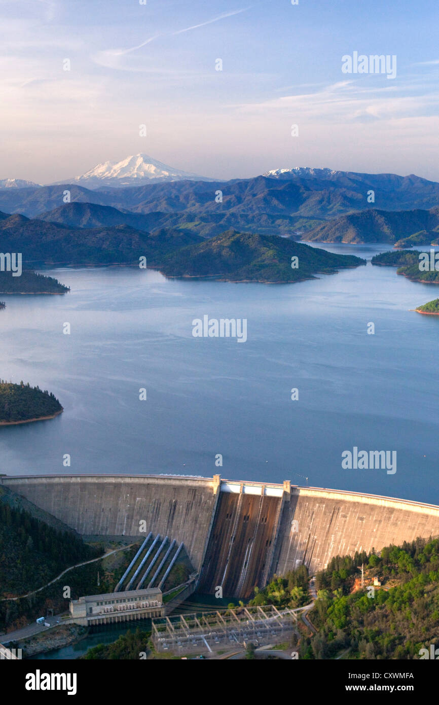Aerial view of Shasta Lake, Shasta Dam, and Mt. Shasta, northern ...