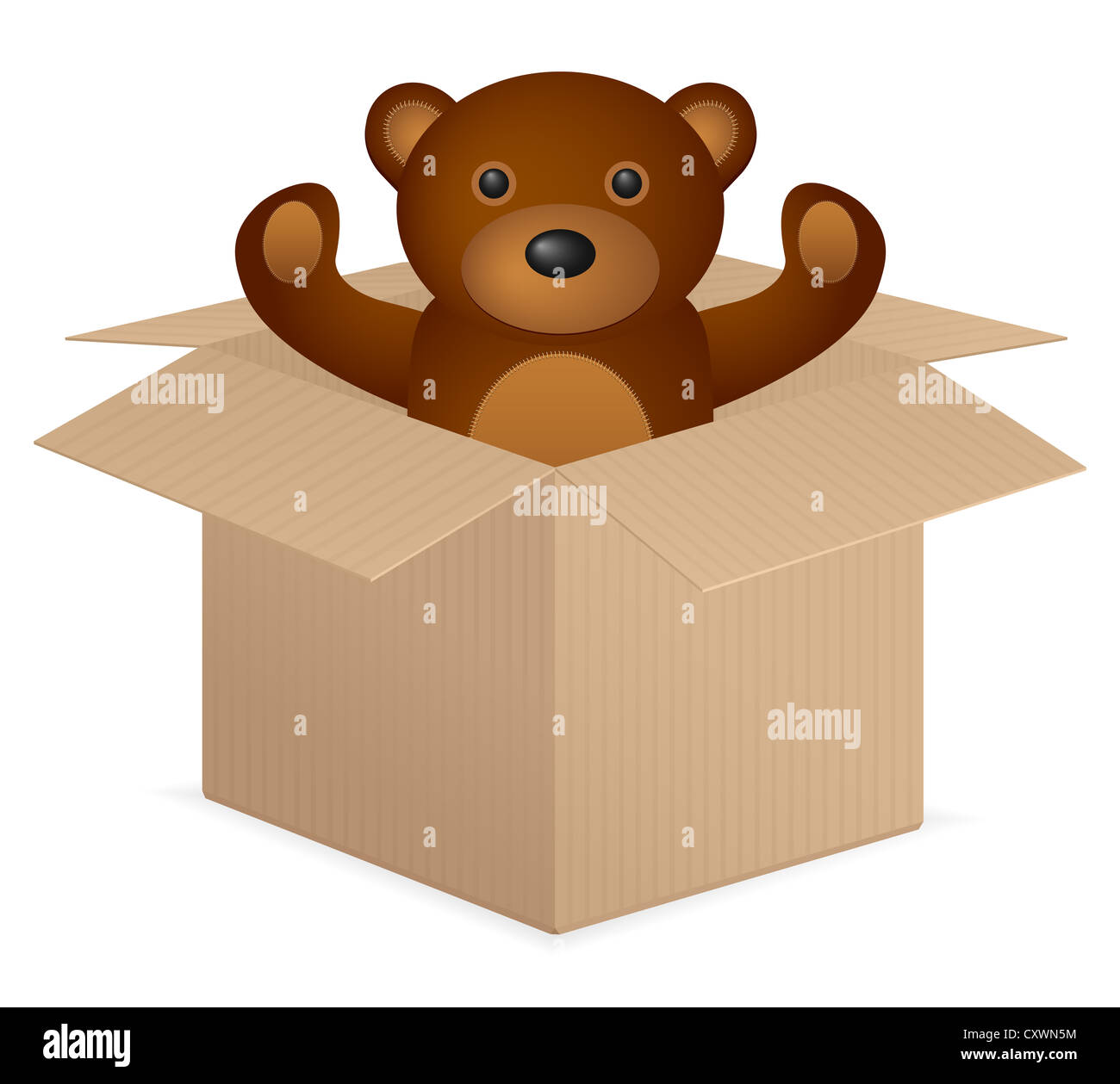 Cardboard box with teddy bear on white background Stock Photo - Alamy