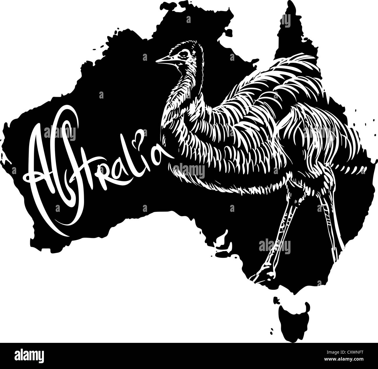 Emu (Dromaius novaehollandiae) on map of Australia. Black and white ...