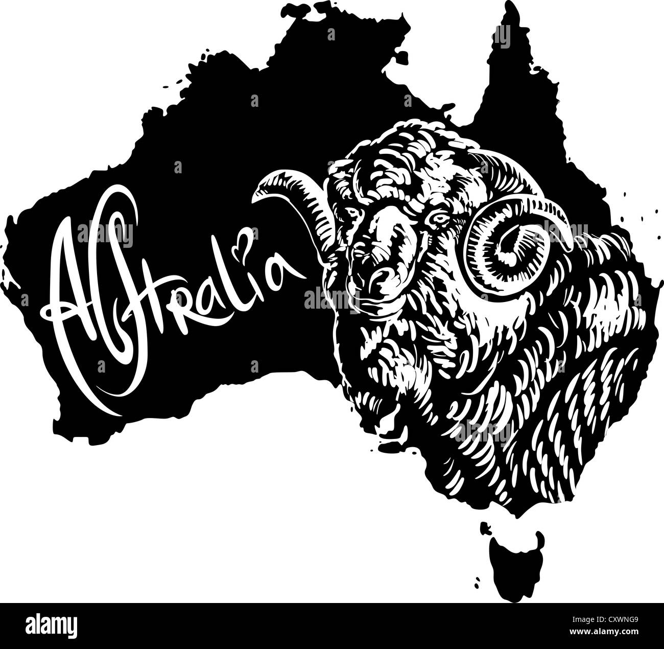 Merino ram on map of Australia. Black and white vector illustration ...