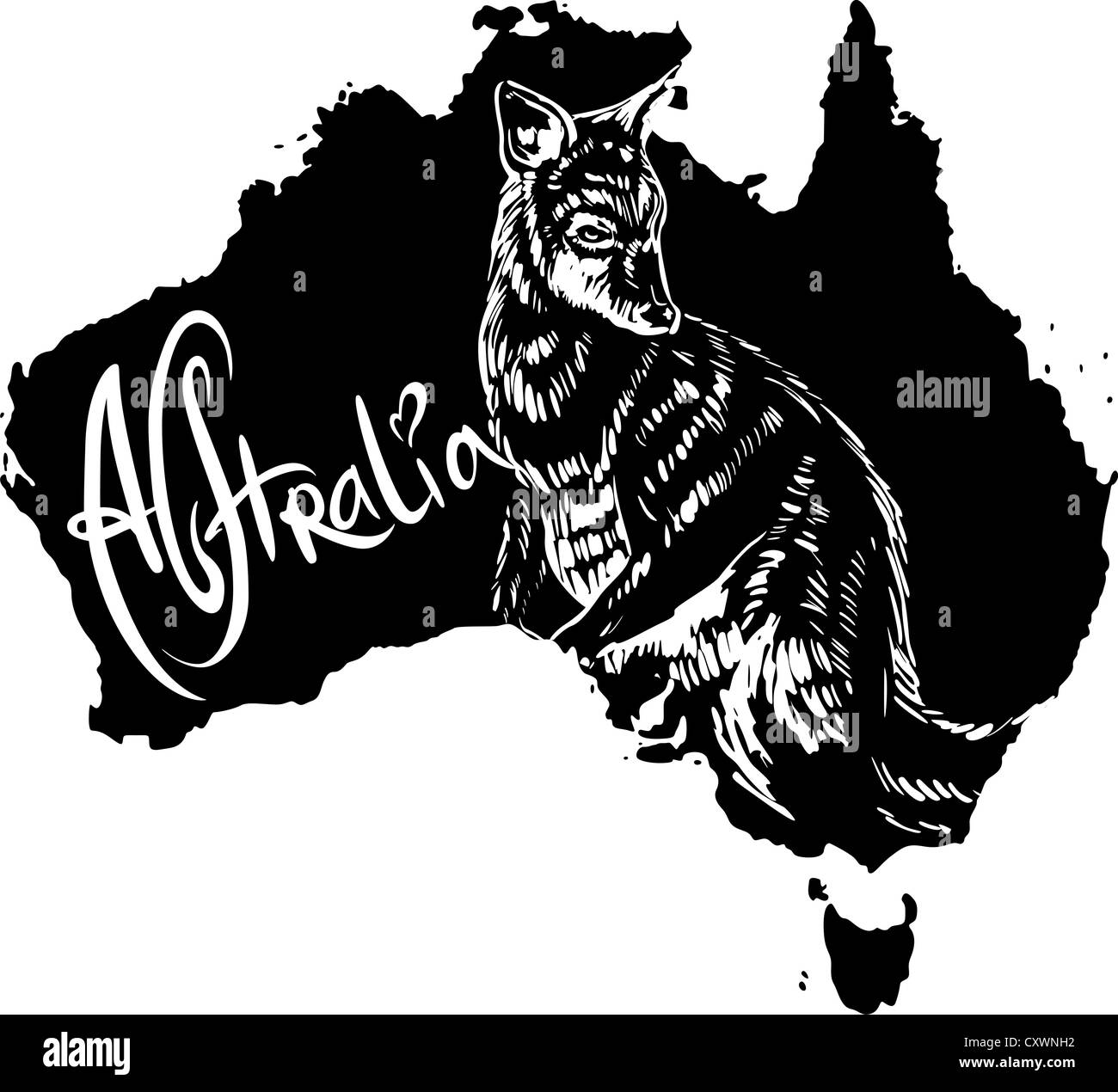 Wallaby on map of Australia. Black and white vector illustration Stock ...