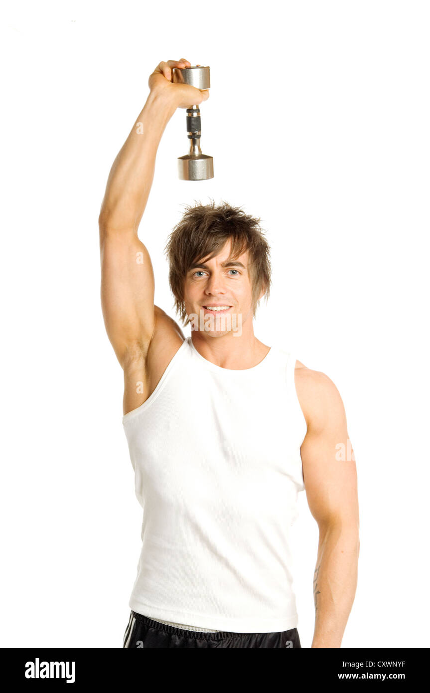 Muscular man lifting one weight above his head Stock Photo - Alamy