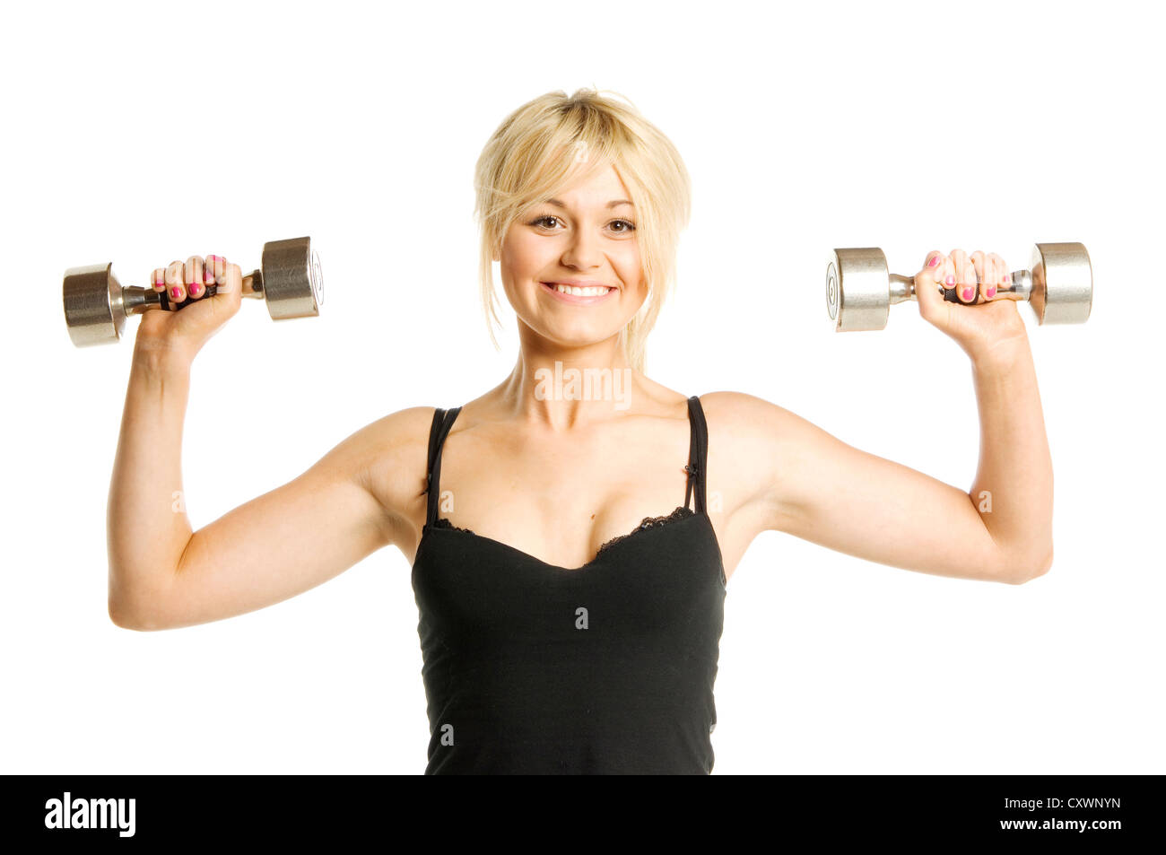 Pretty blonde woman lifting weights isolated on a white background ...