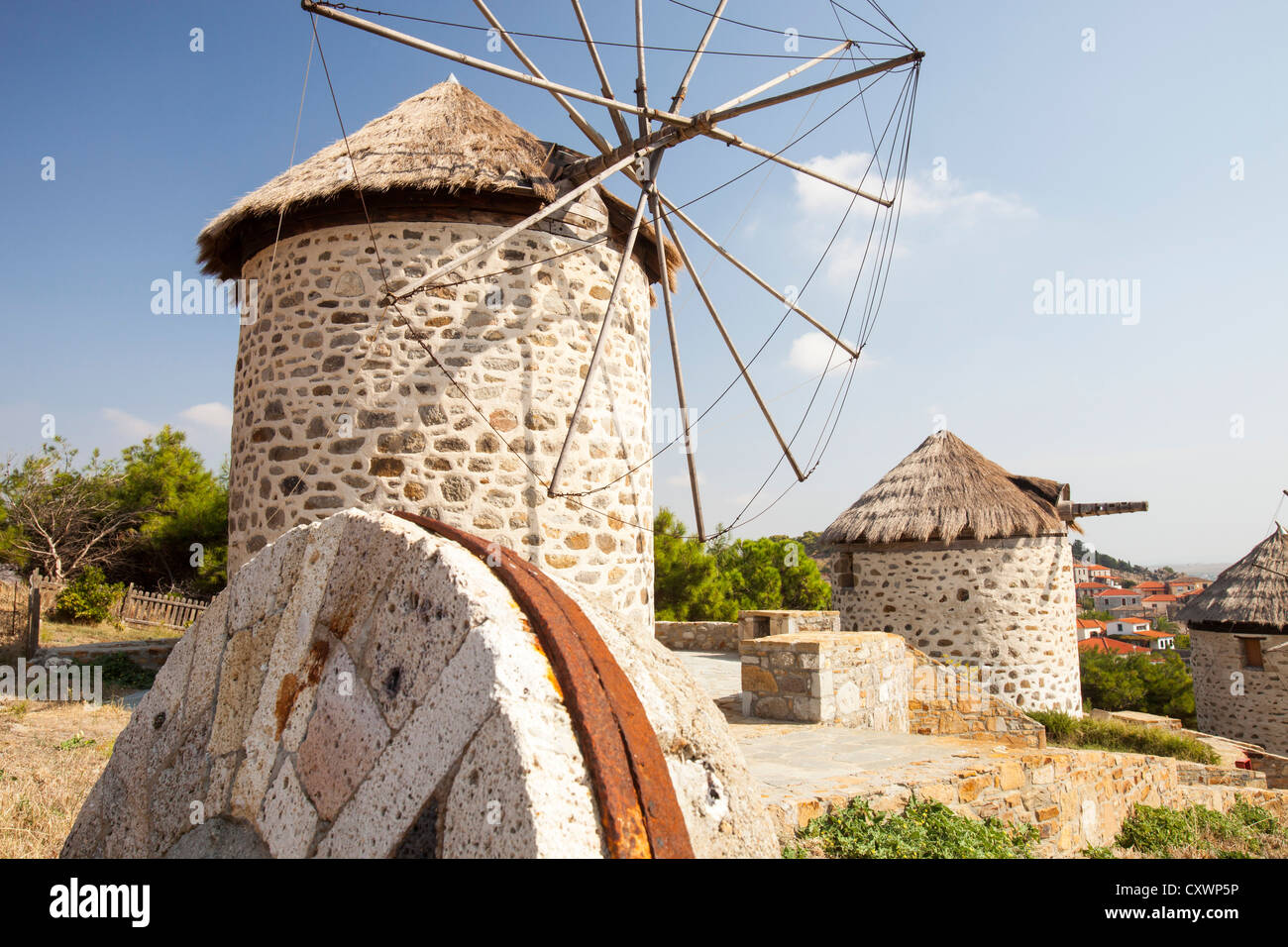 Old Greek windmills in Kontias on Lemnos, Greece Stock Photo - Alamy