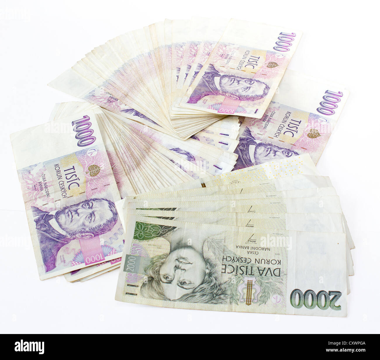 czech banknotes nominal value one and two thousand crowns on white ...