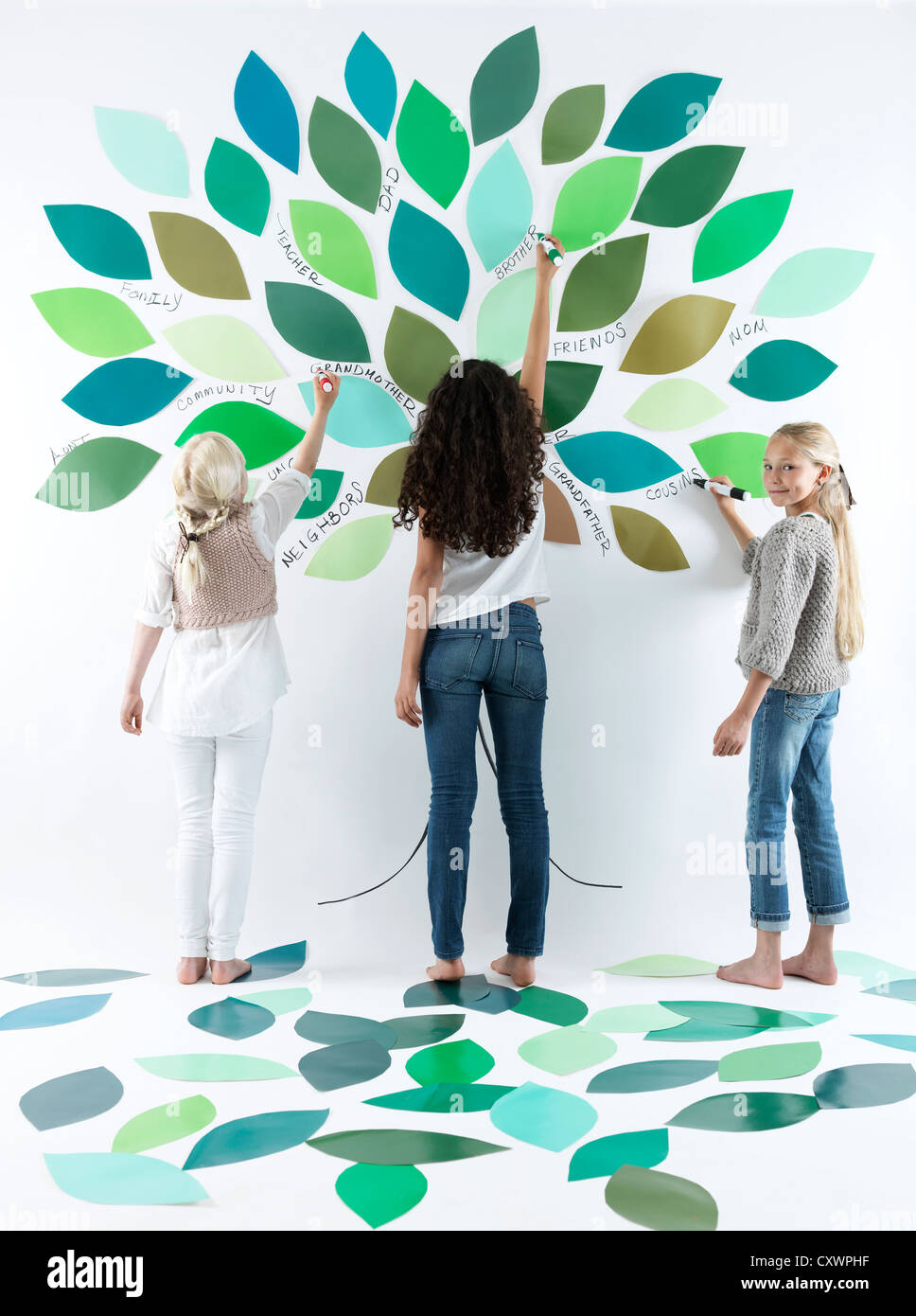 Girls writing on tree on wall Stock Photo - Alamy