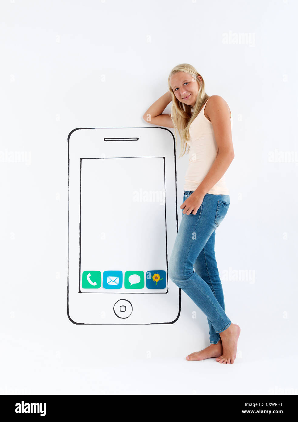 Girl standing by drawing of smartphone Stock Photo - Alamy