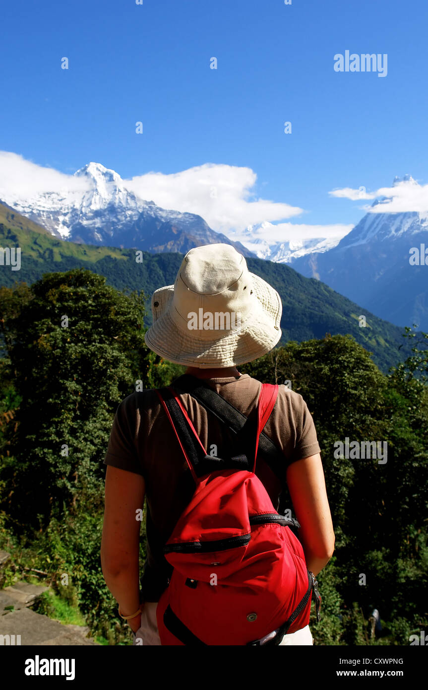 Trekkers in the Himalayan mountains, Annapurna conservation region ...