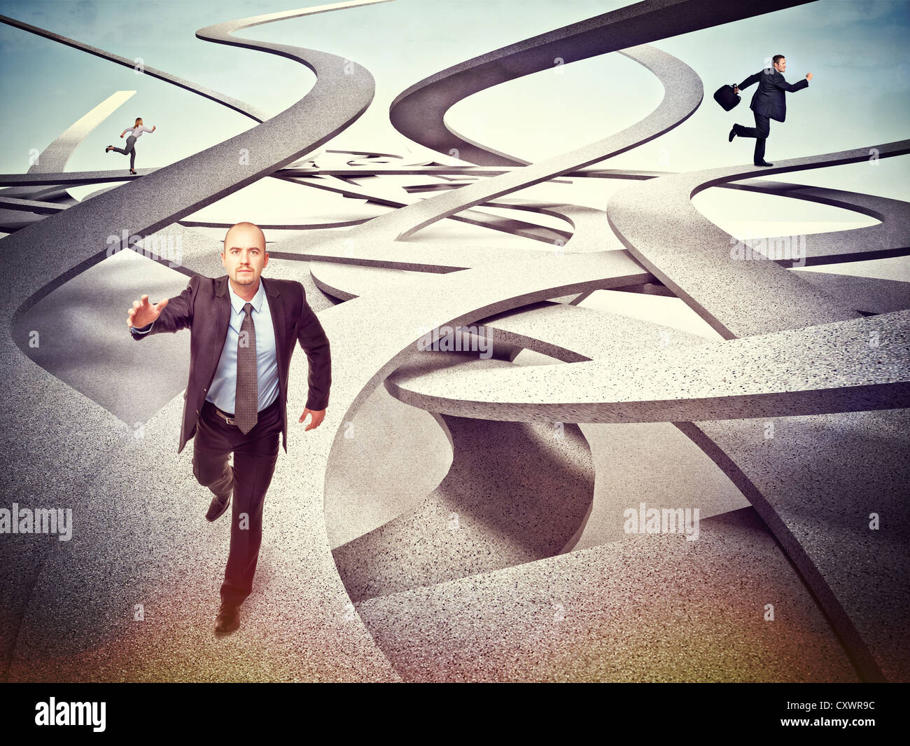 businesspeople running on 3d abstract way Stock Photo - Alamy