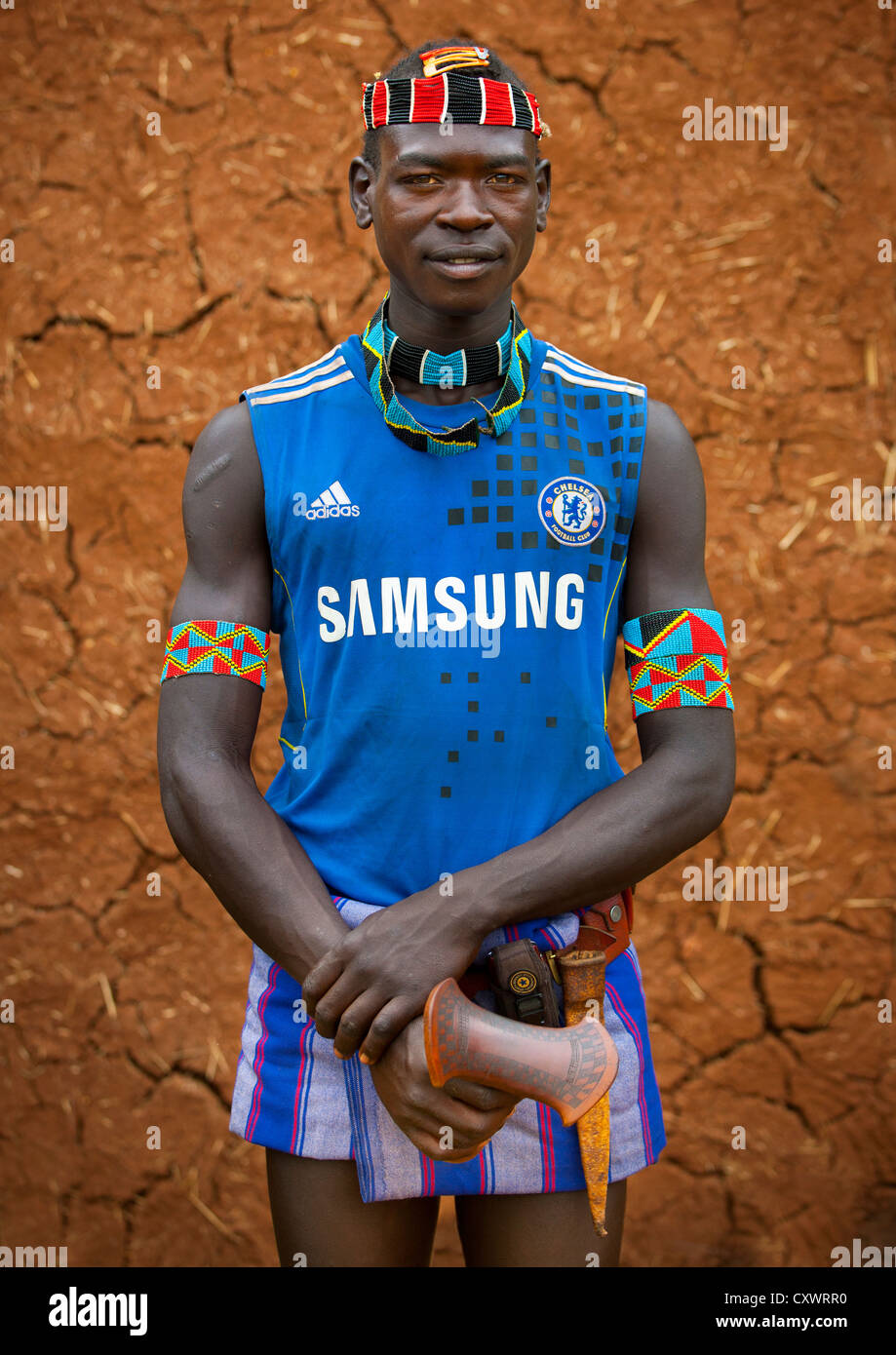 Bana Tribe Man with chelsea tshirt, Key Afer, Omo Valley, Ethiopia ...