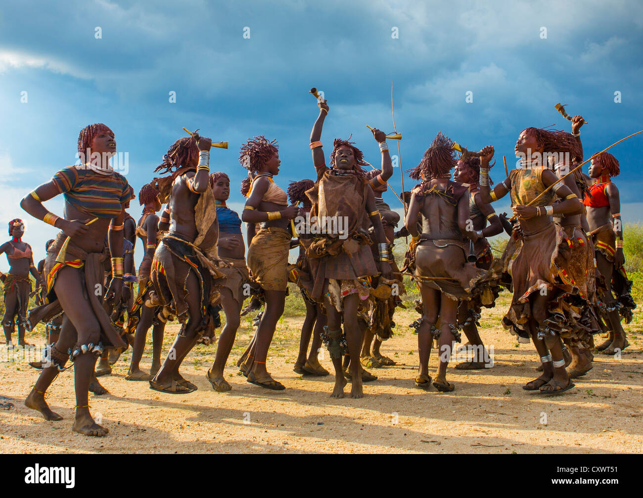 Hamar Tribe Women Dancing During Bull Jumping Ceremony, Turmi, Omo ...